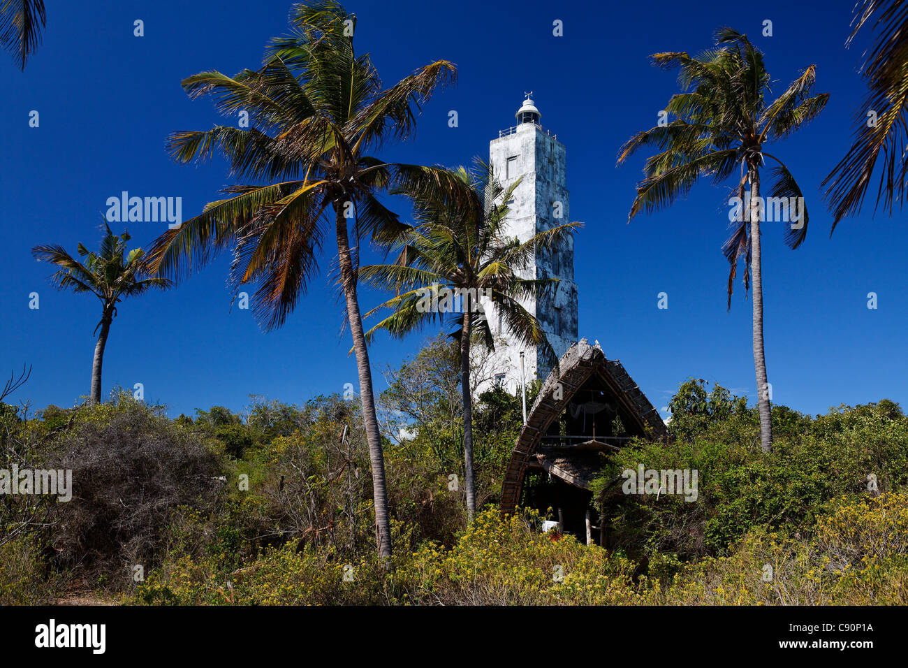 Lighthouse and Lodge under blue sky, Chumbe Island, Zanzibar, Tanzania ...