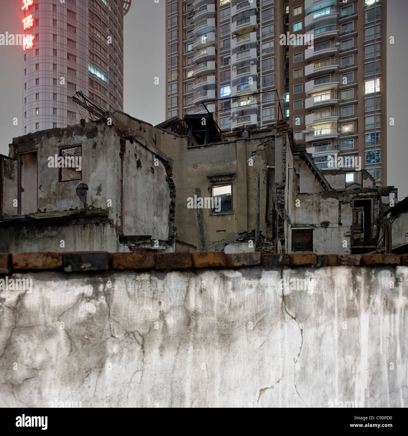 Demolition area, residential area of Shanghai centre at night, Huangpu ...