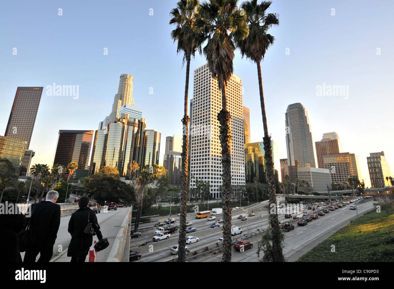 View of high rise buildings at downtown with freeway, Los Angeles ...