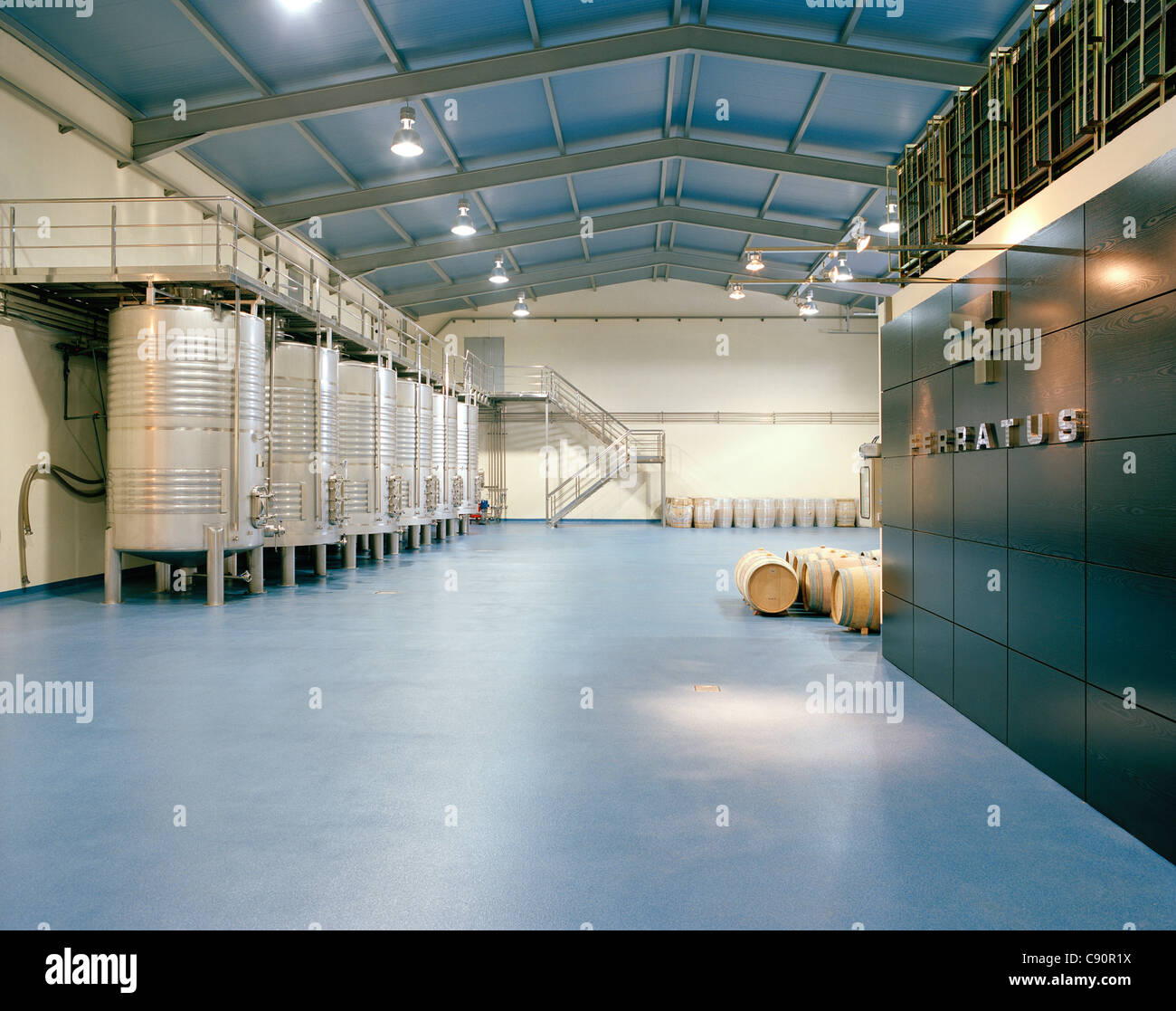 Wine barrels and production hall of Bodega Ferratus, Aranda de Duero ...