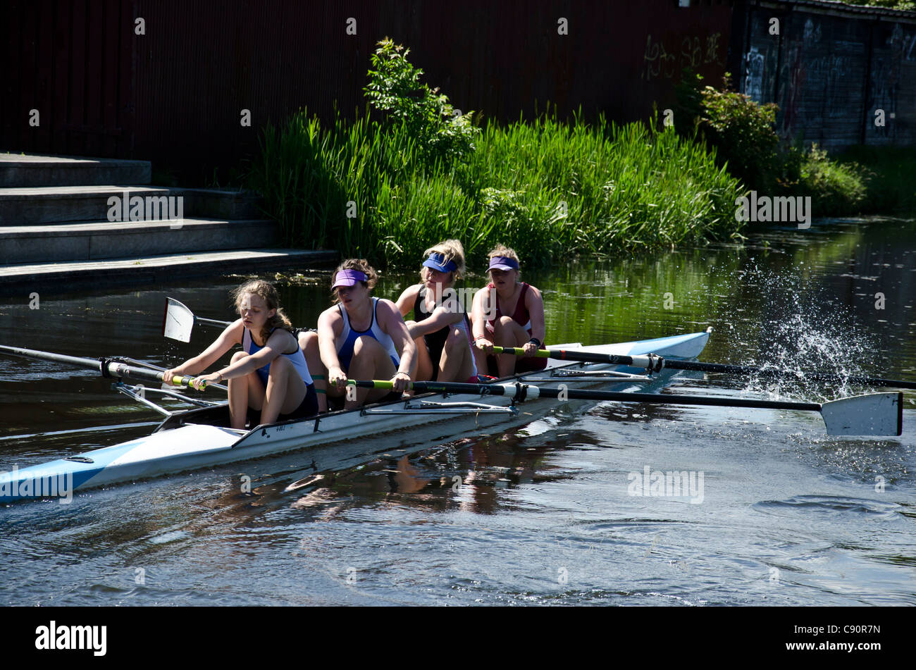 Female rowing team on the Union Canal in Central Edinburgh, Scotland ...