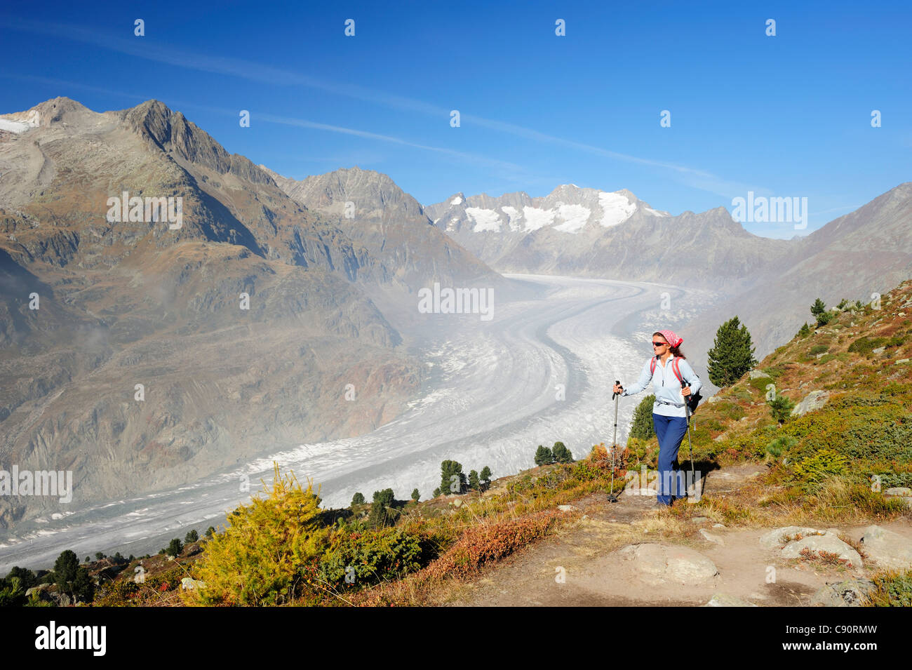 Woman hiking on track above glacier Grosser Aletschgletscher, Grosser ...