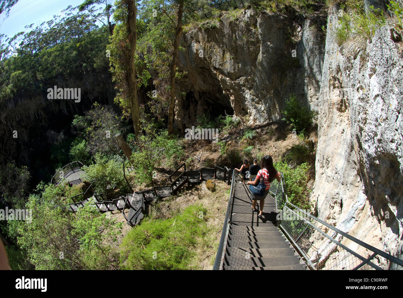 Tourists walking down stairs into cave, Lake Cave, Margaret River ...