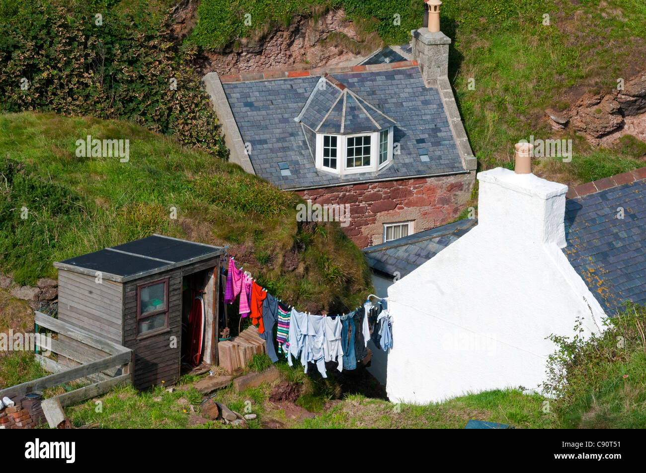 Washing hung up on the line, village of Penang, Aberdeenshire, Scotland ...