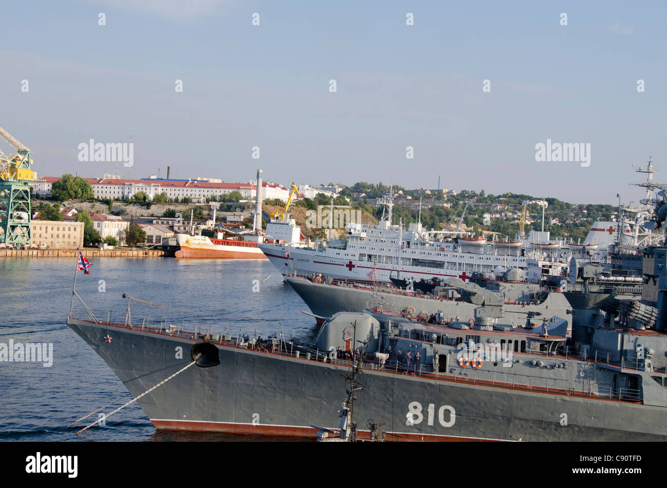 Ukraine, Sevastopol. Harbor area of the Black Sea port. Naval and ...