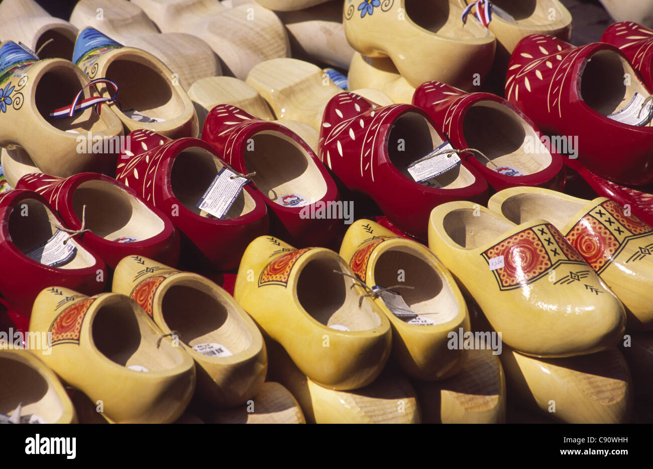 Traditional Dutch wooden clogs at outdoor market. Alkmaar, Holland ...