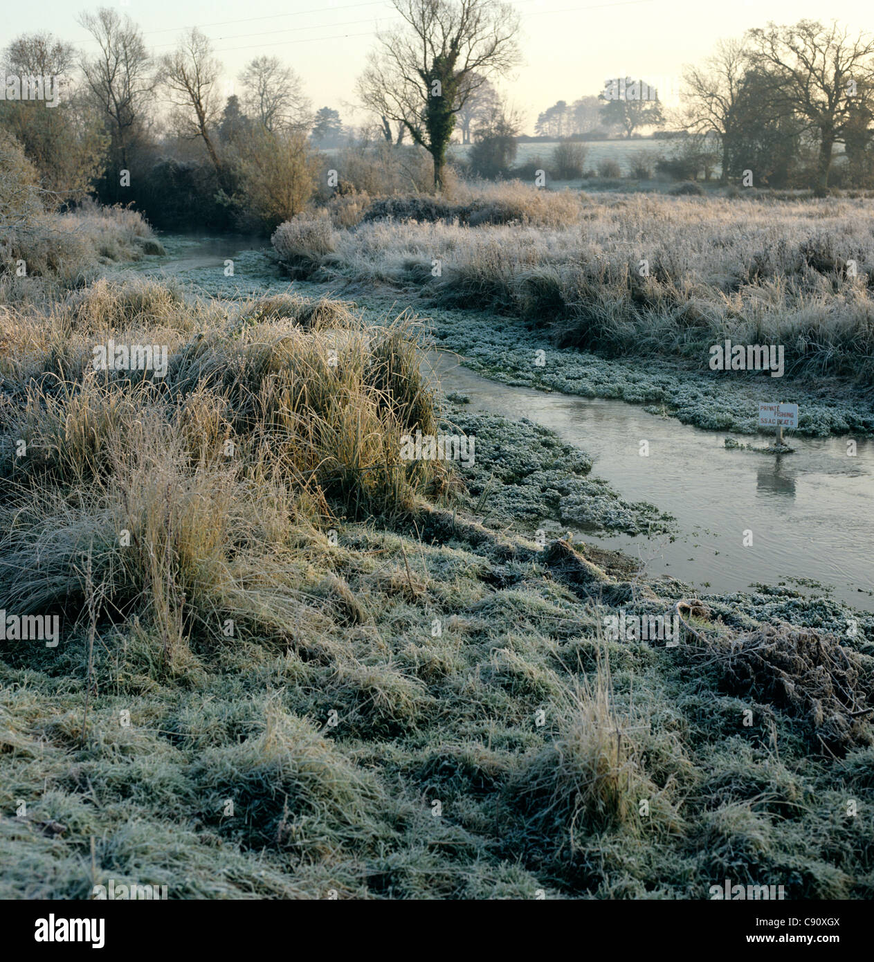 Stream running through frost covered fields at sunrise, Hampshire Stock ...