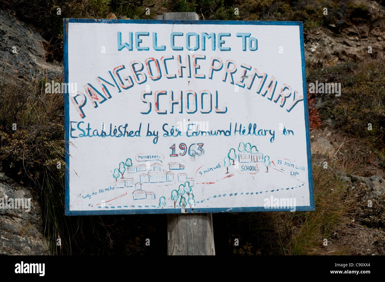 Pangboche Primary school has a welcome sign explaining that it was ...