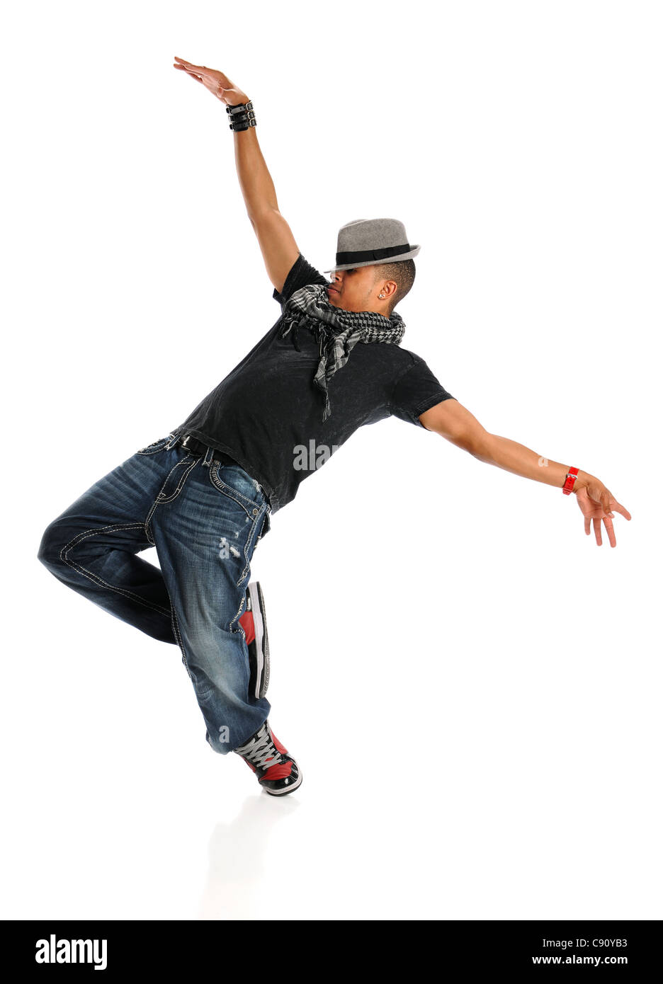 African American hip hop dancer performing isolated over white ...