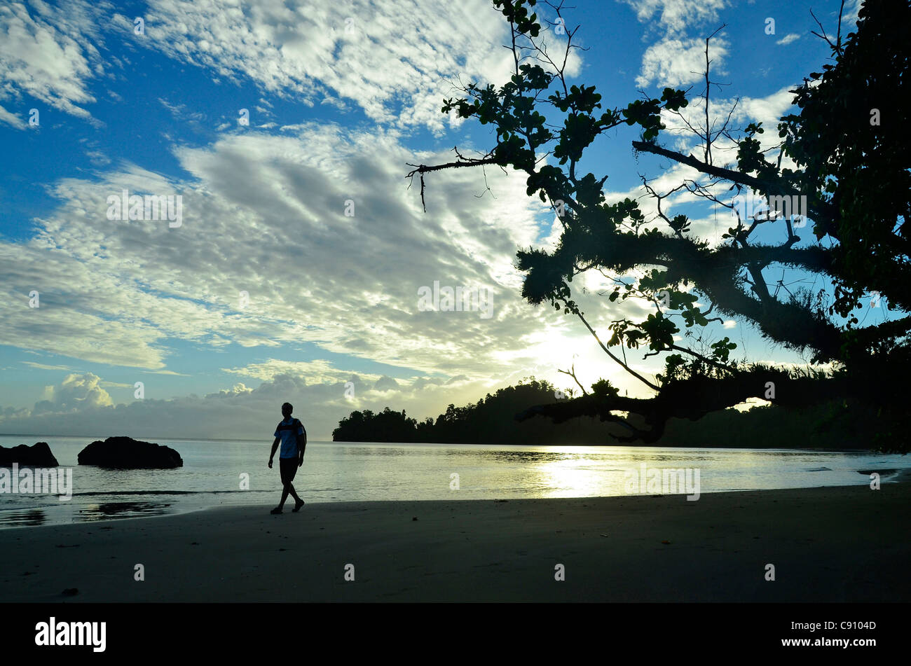 Lonely tourist walking on beach, Batanta Island, Raja Ampat islands ...