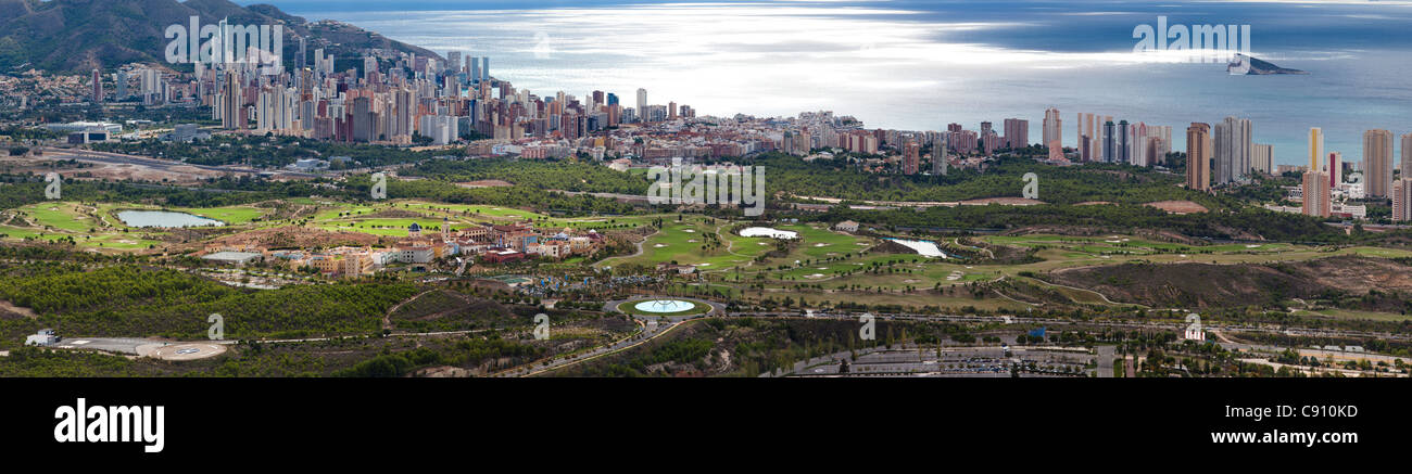 Panoramic aerial view of Benidorm's golf courses, town, sea, luxury ...