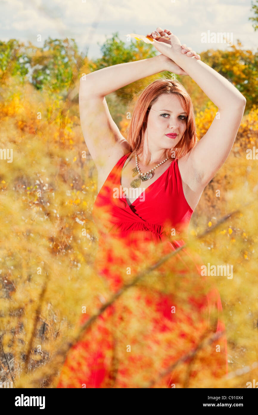 Beautiful Auburn Haired Woman Outdoors In Nature Autumn She Is A