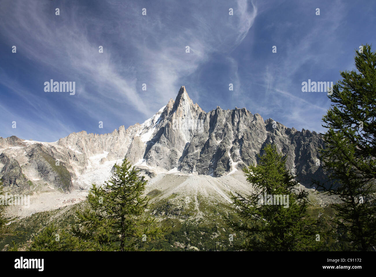 There is a dramatic mountain landscape around the valleys of Chamonix ...