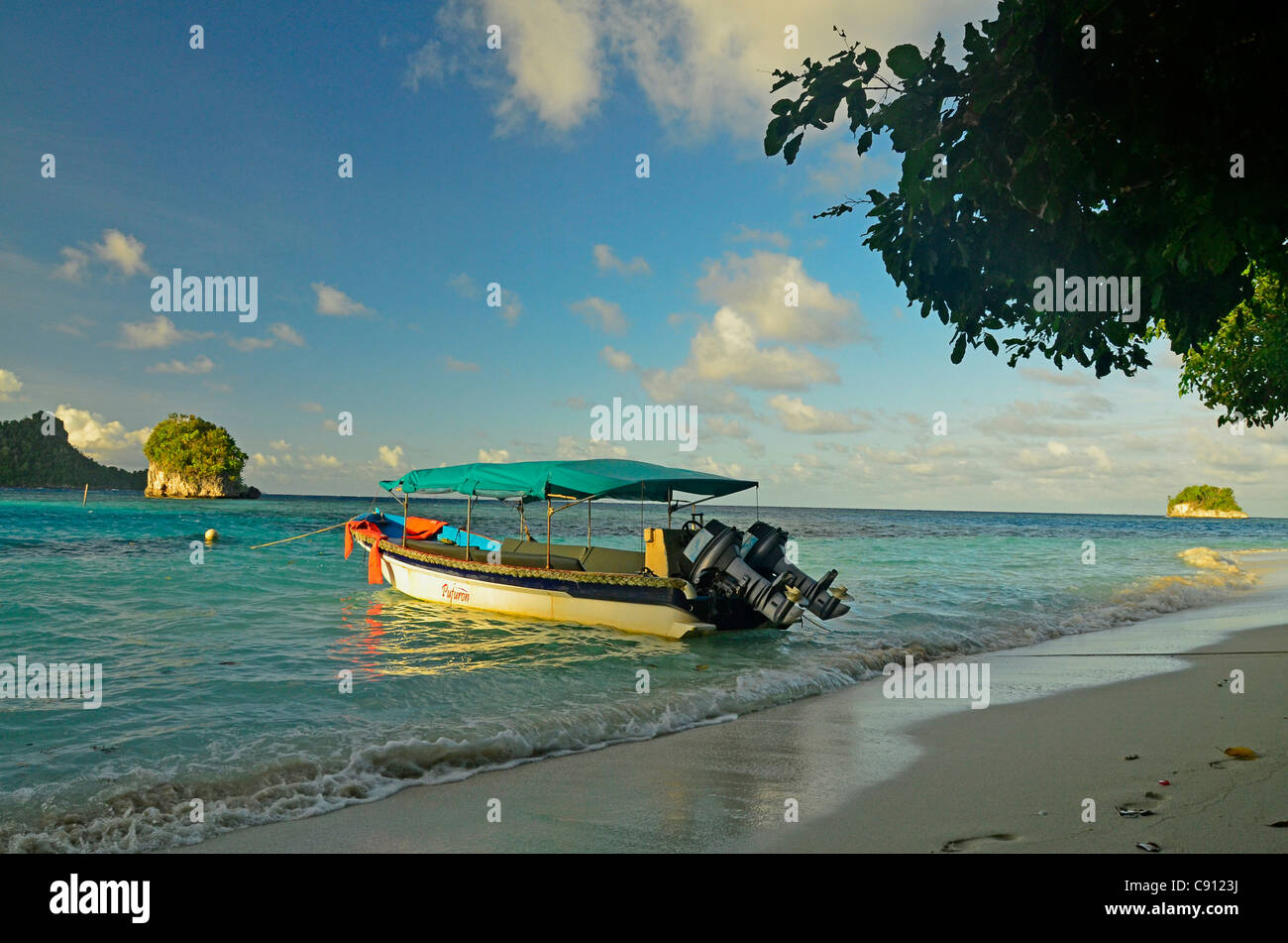 Diving boat on beach at Wayag Island, Raja Ampat islands near West ...
