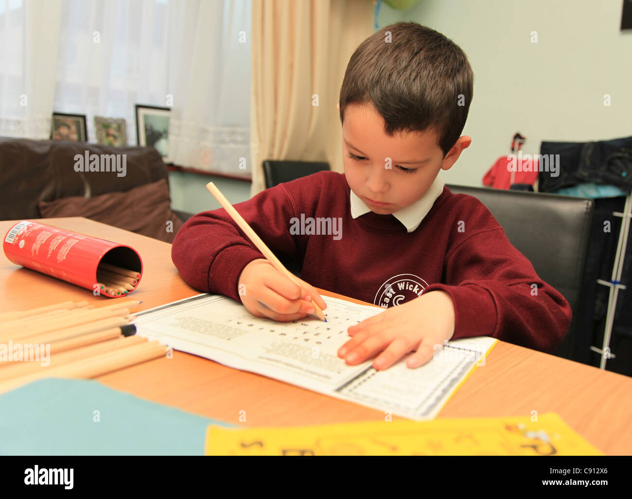 Young schoolboy doing his homework Stock Photo - Alamy