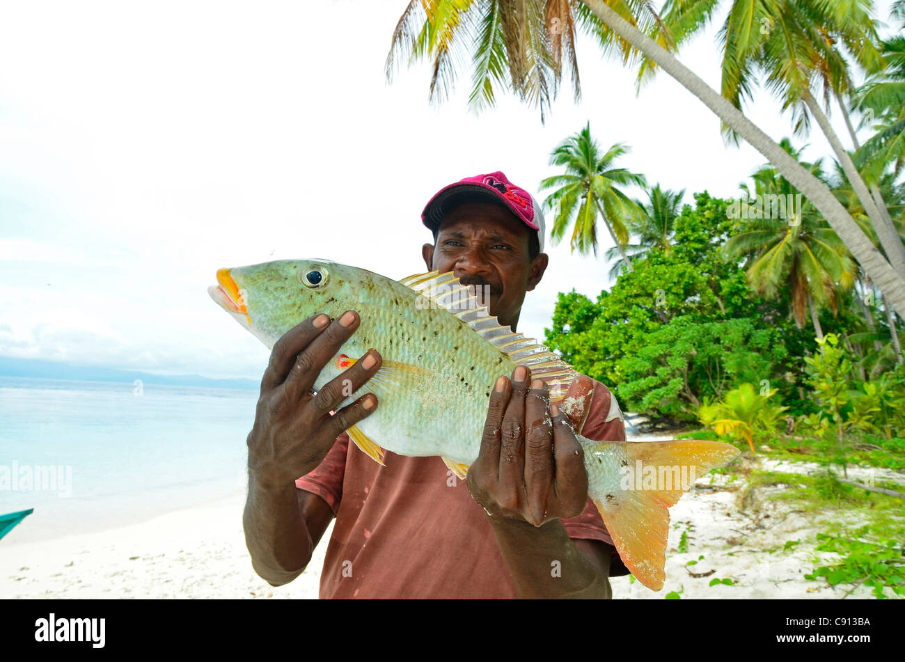 Fisherman holding big green fish, Raja Ampat islands near West Papua ...