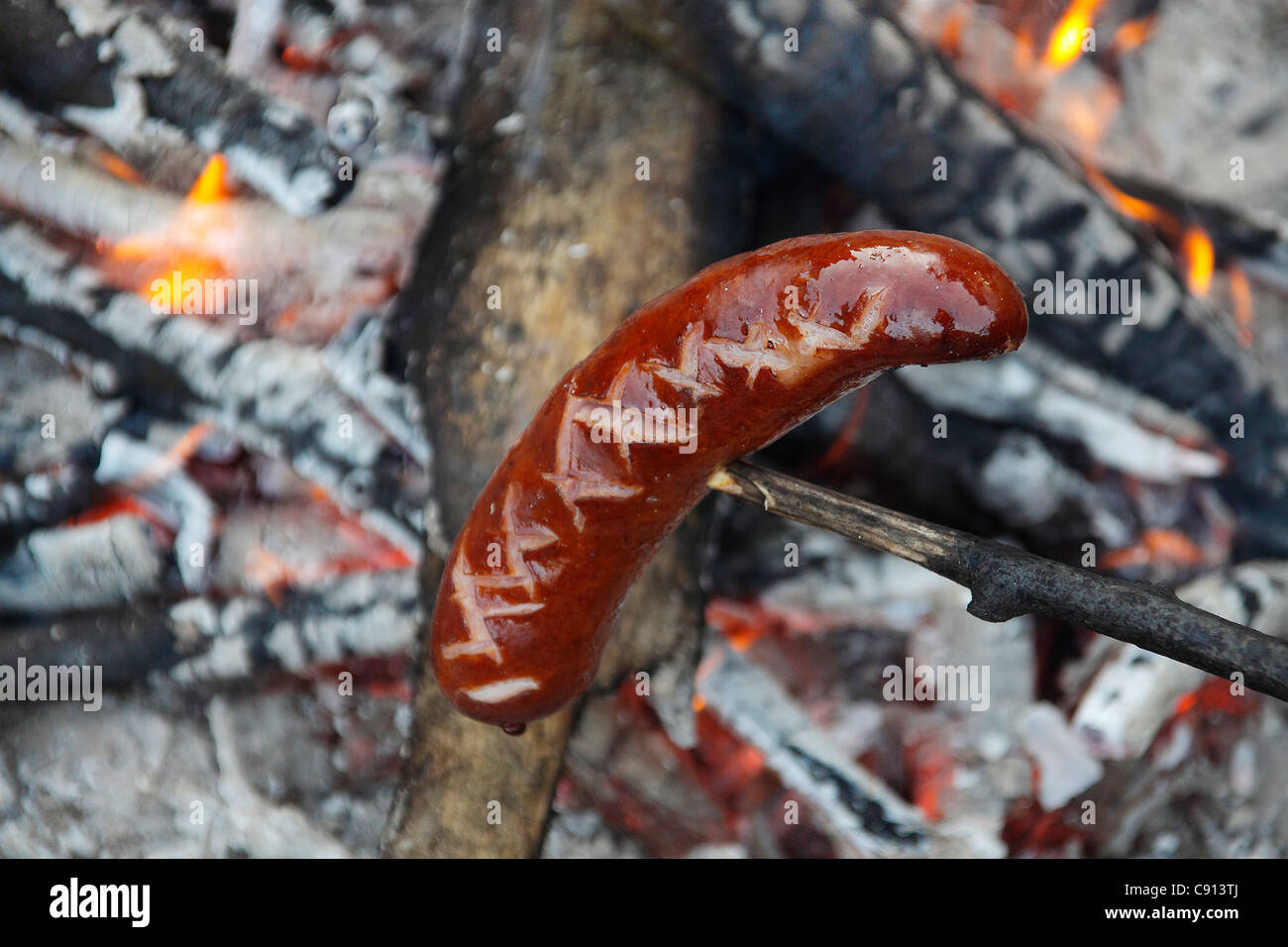 Tasty sausage roasted on camp fire Stock Photo - Alamy
