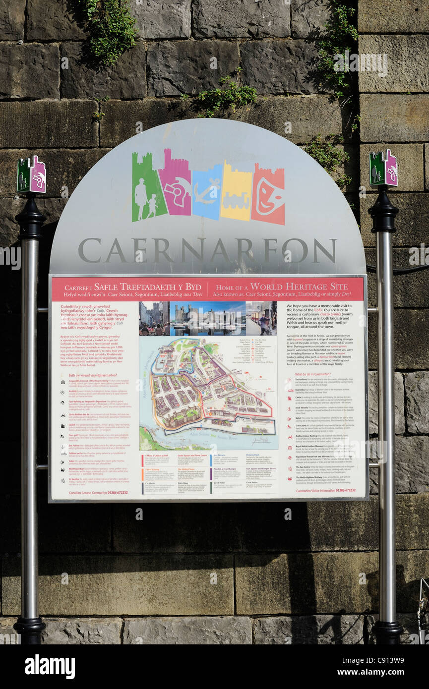 A tourist information sign Caernarfon castle Gwynedd north wales uk ...