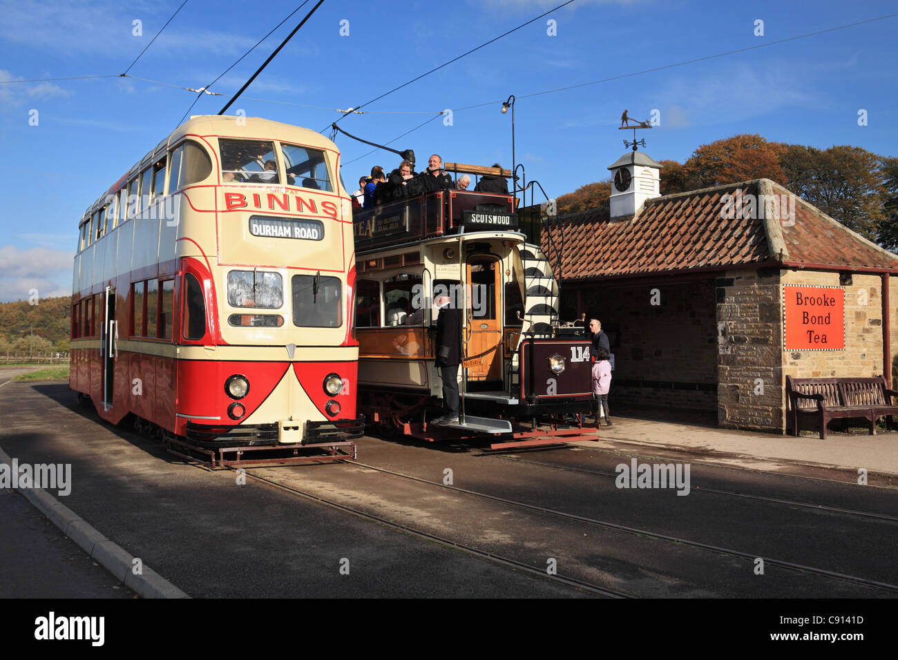 Two contrasting designs of electric tram at Beamish Museum, north east ...
