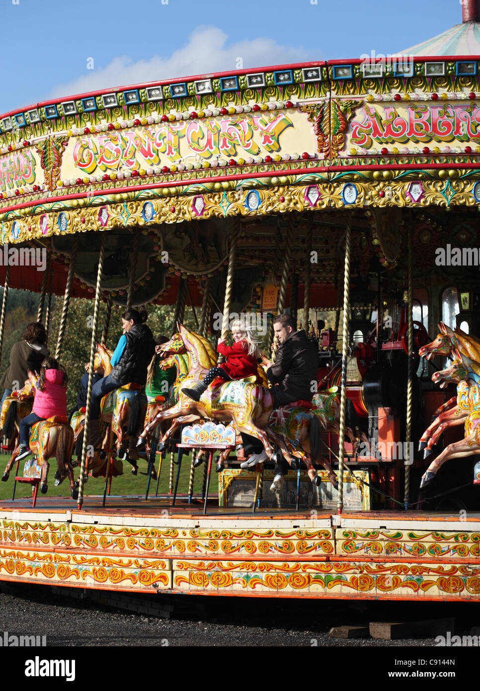 Steam powered fairground carousel, Beamish Museum, north east England ...