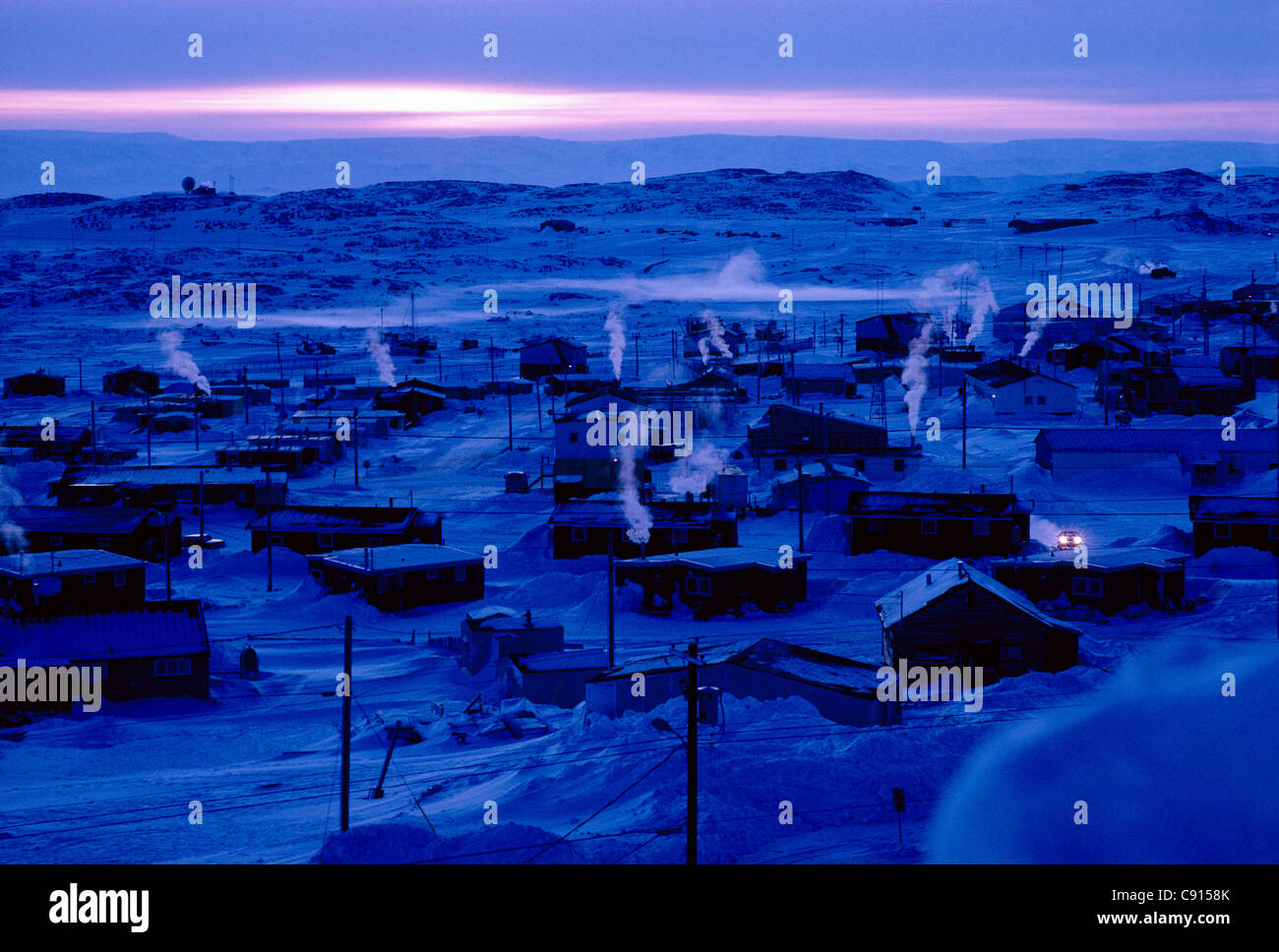Dusk winter view of Iqaluit, a small arctic town on Baffin Island ...