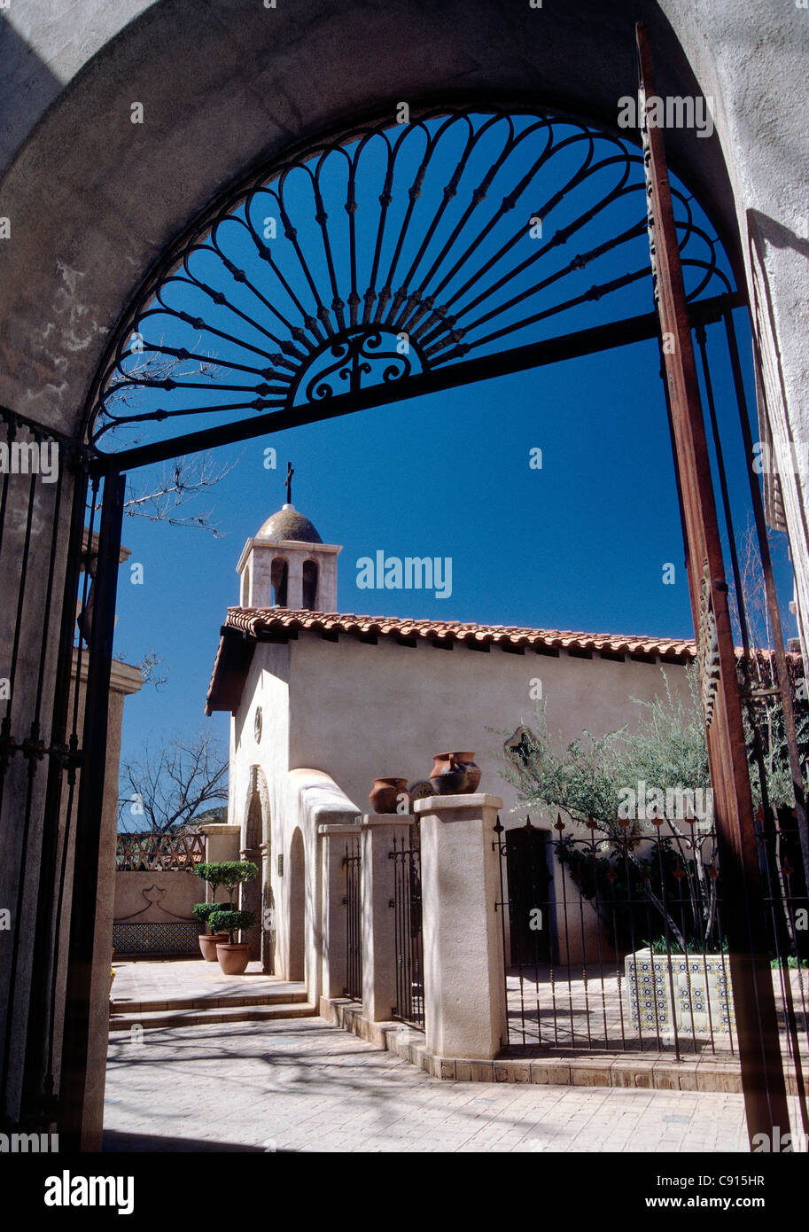 Chapel frames by archway, Tlaquepaque, Spanish-Colonial style ...