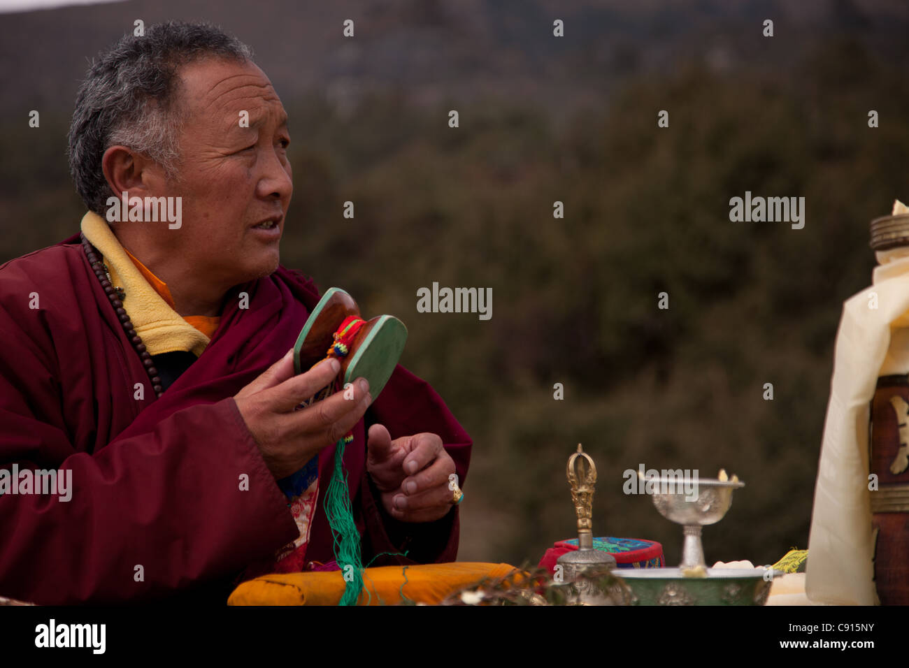Buddhist priest performing traditional ceremony, Sagarmatha National ...