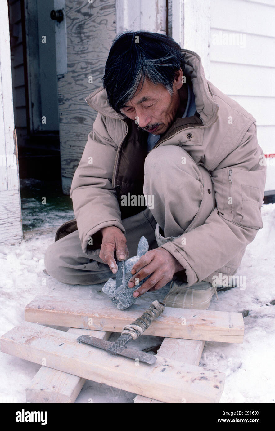 Famous Inuit soapstone carver and artist, Henry, Iqaluit, Nunavut ...