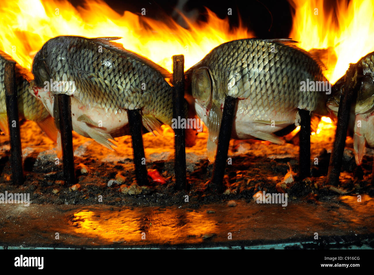 Iraq, Baghdad, Masgouf a Baghdadi fish speciality served in a row of ...