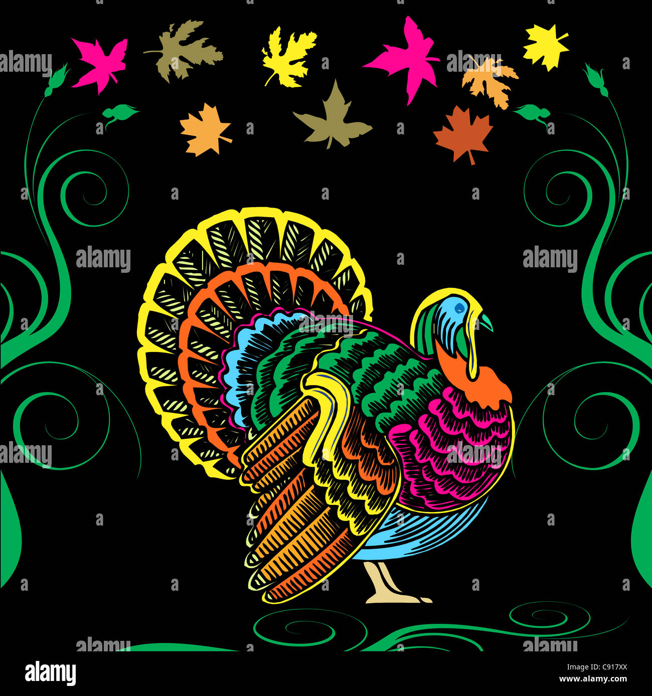 Vector Illustration for Thanksgiving with colorful Turkey and Fall ...
