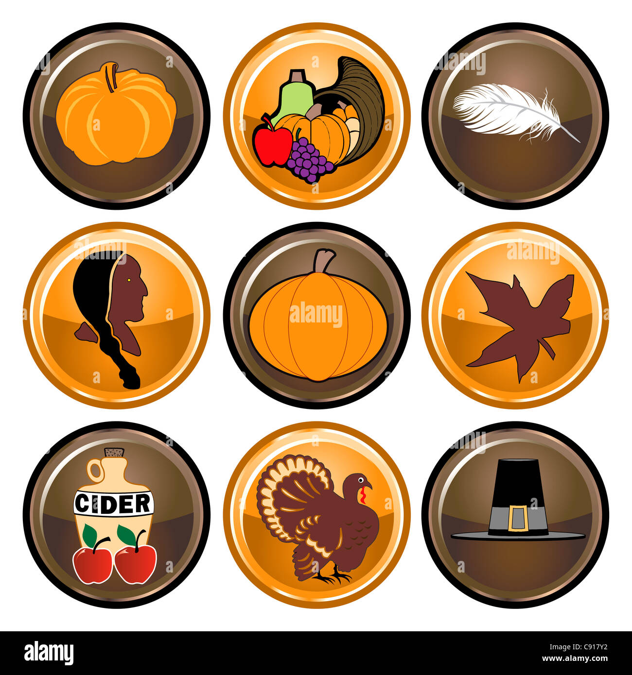 Vector Illustration of nine brown and orange round Thanksgiving button ...