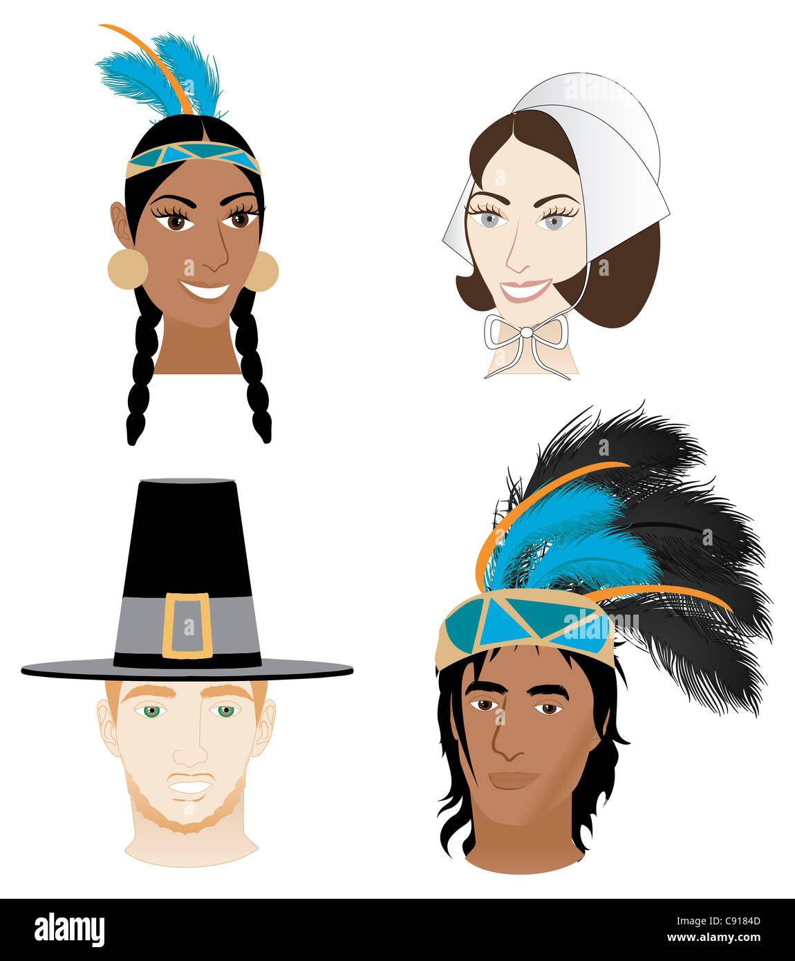Vector Illustration of 4 faces for Thanksgiving. Indians and Pilgrims ...