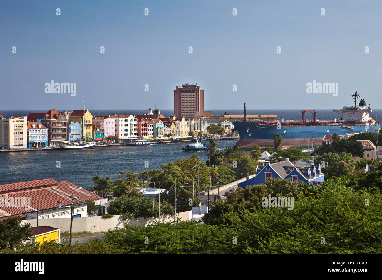 Curacao, Caribbean island, Willemstad. Historic houses on waterfront ...