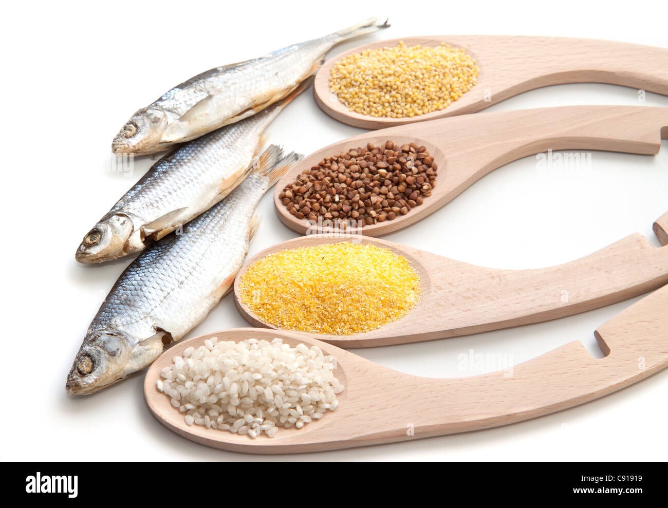 Set cereals and dried fish Stock Photo - Alamy