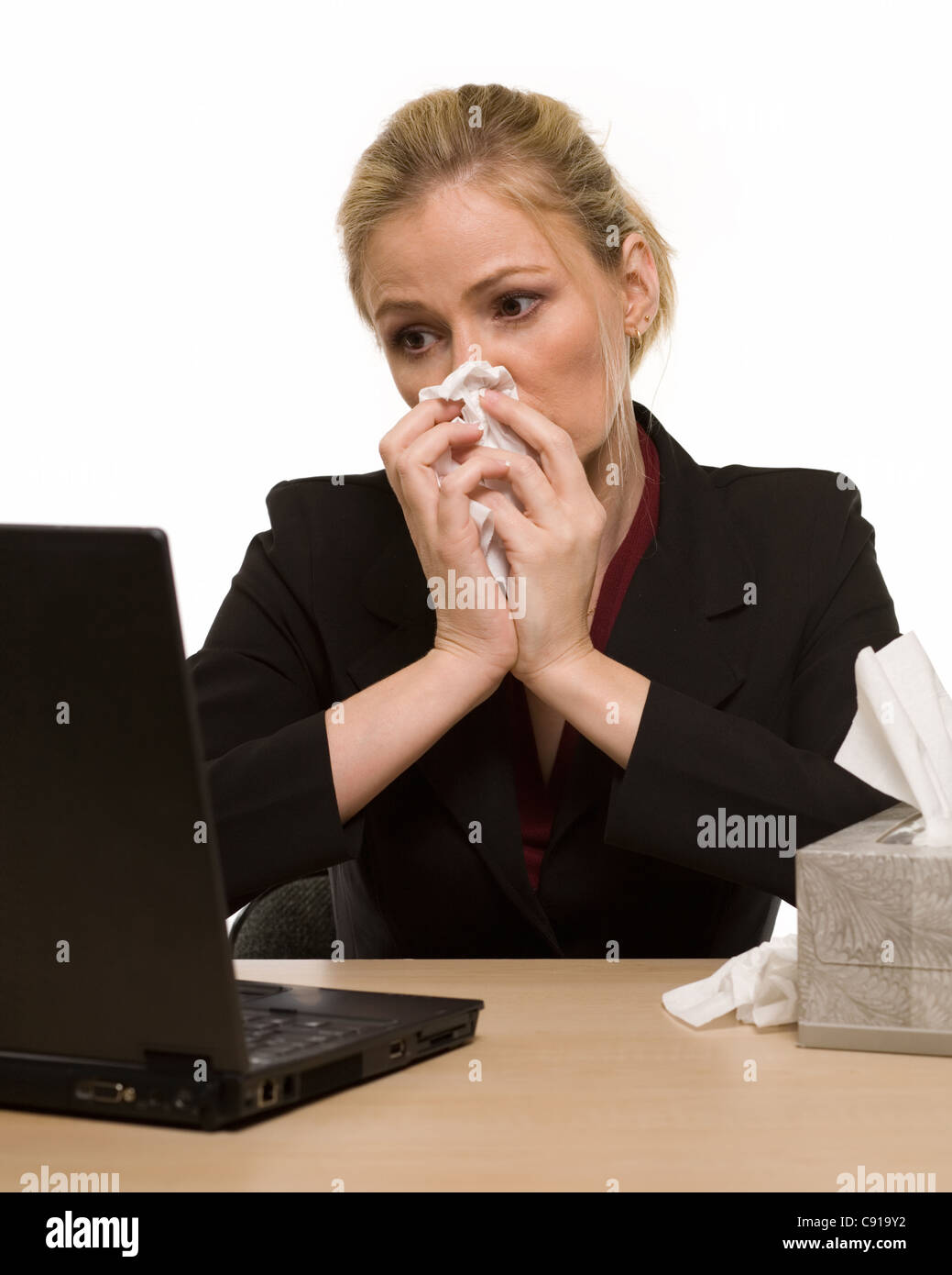 Woman sick at work Stock Photo - Alamy