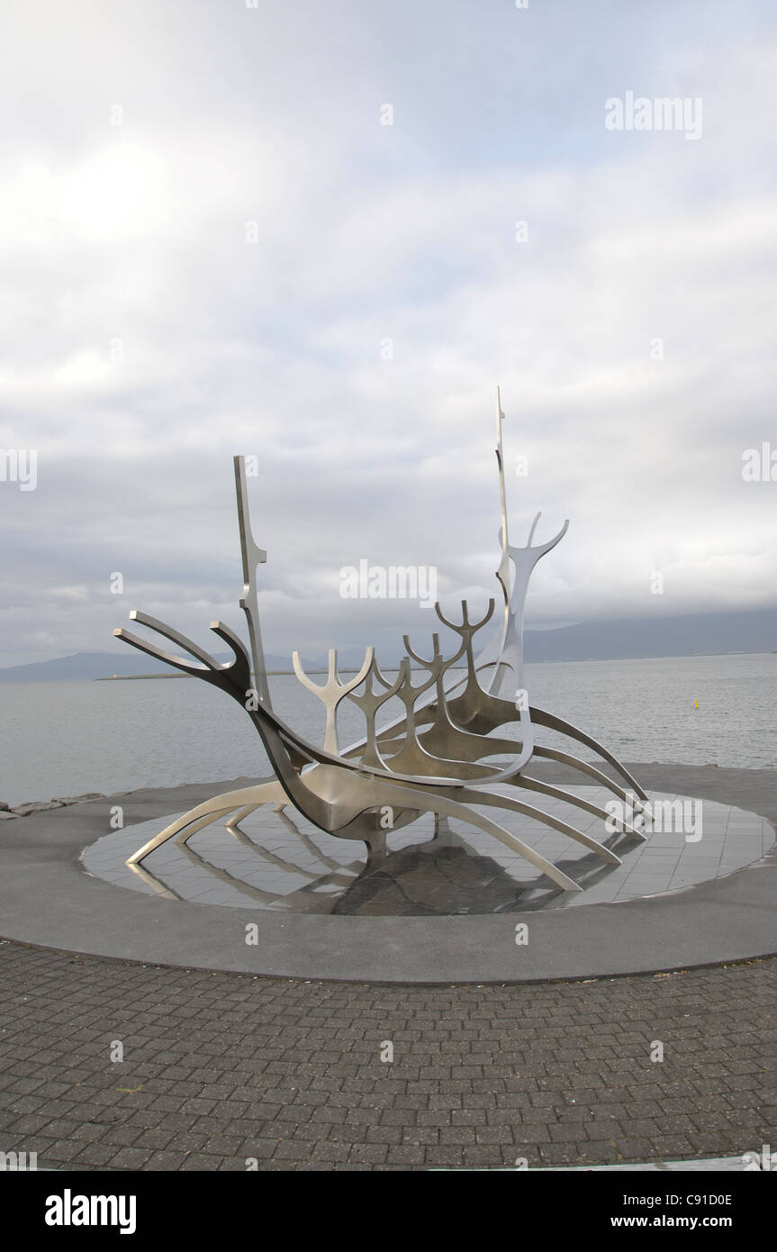 There is a sculpture of a Viking ship, ribs and construction, on the ...