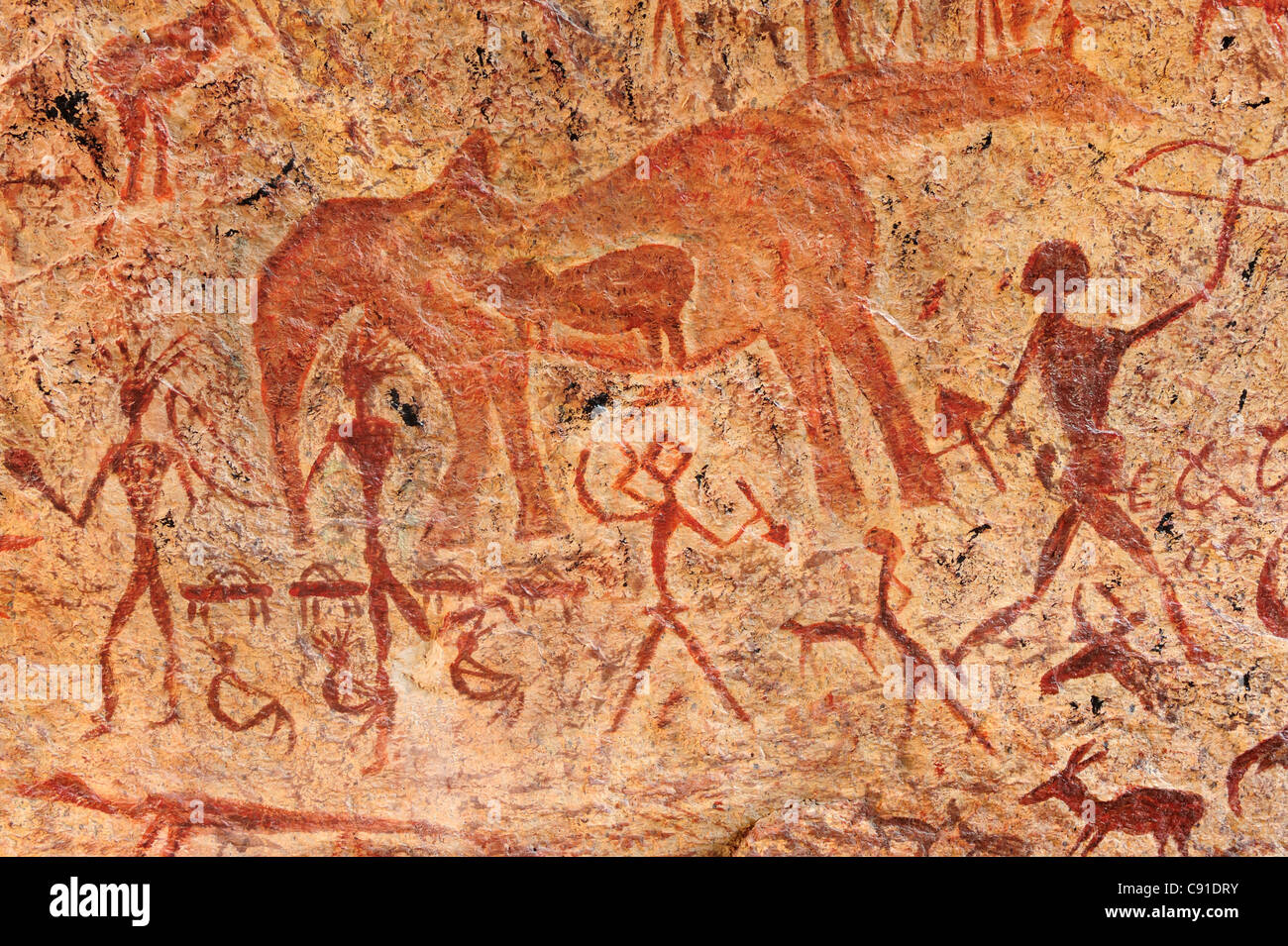 Reconstruction of prehistoric petrograph with bushmen gazelles and ...