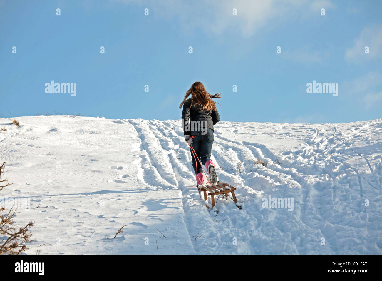 A girl is playing with her sledge in the snow Stock Photo - Alamy
