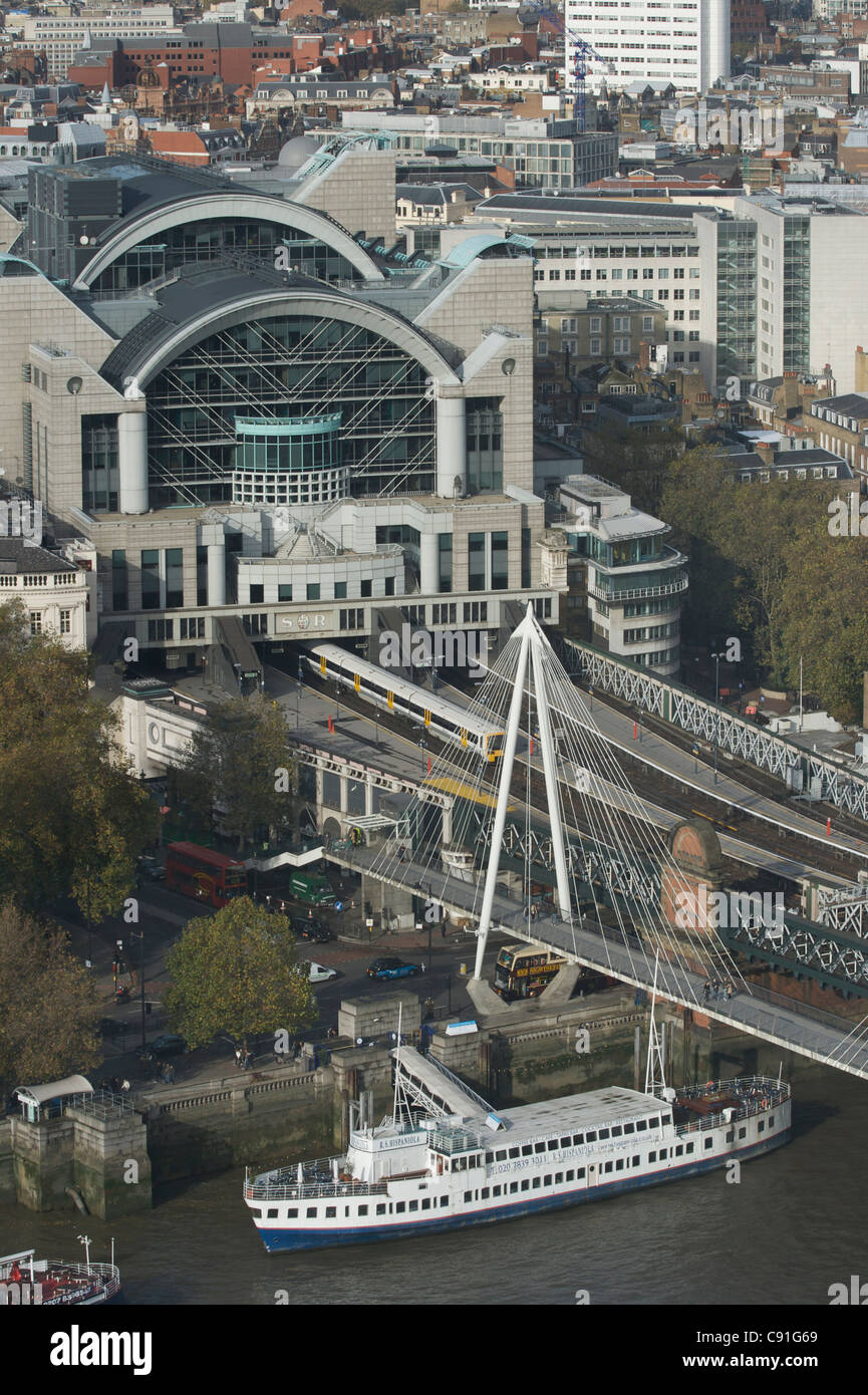 View from the London Eye down onto Charing Cross station rail bridge ...
