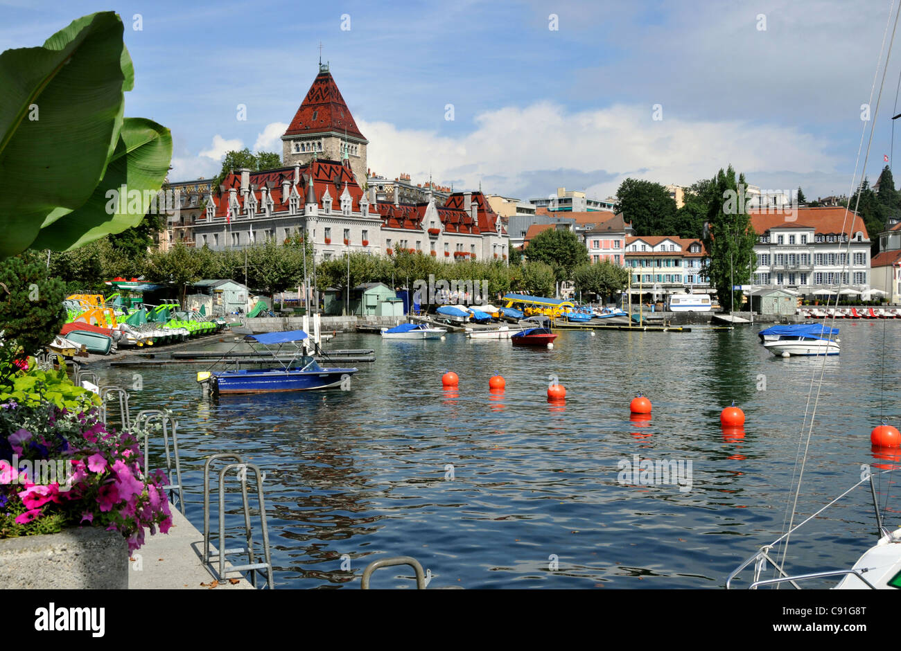 Ouchy harbour at Lake Geneva, Castle of Ouchy in background, Lausanne ...