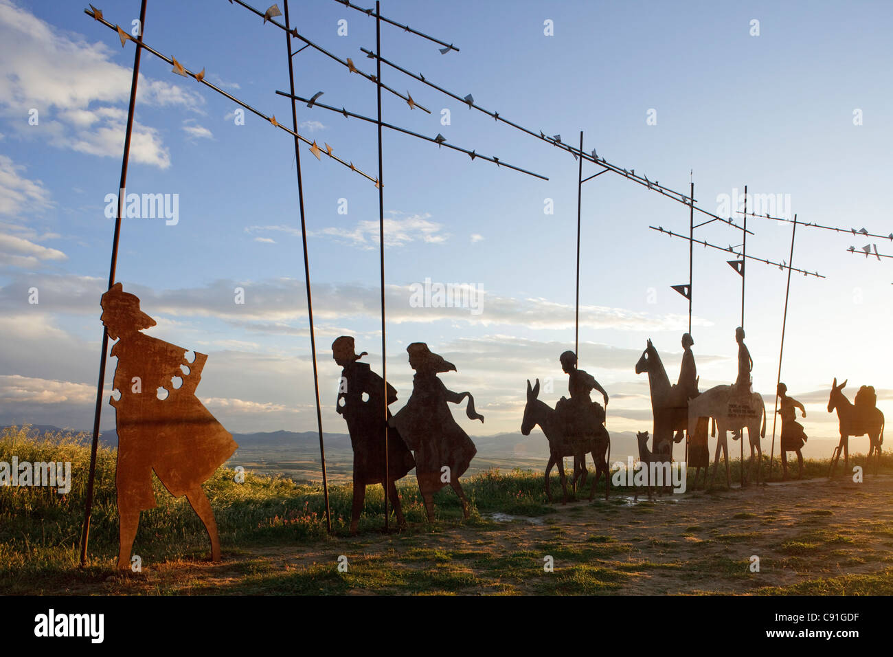 Iron sculptures in barren landscape, Alto del Perdon, Sierra del Perdon ...