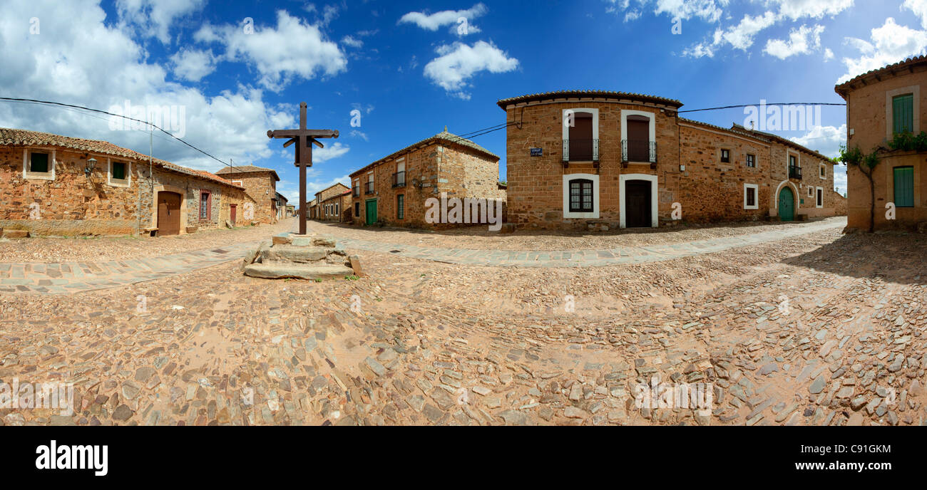 Houses and cross at the village of Castrillo de los Polvazares Province ...