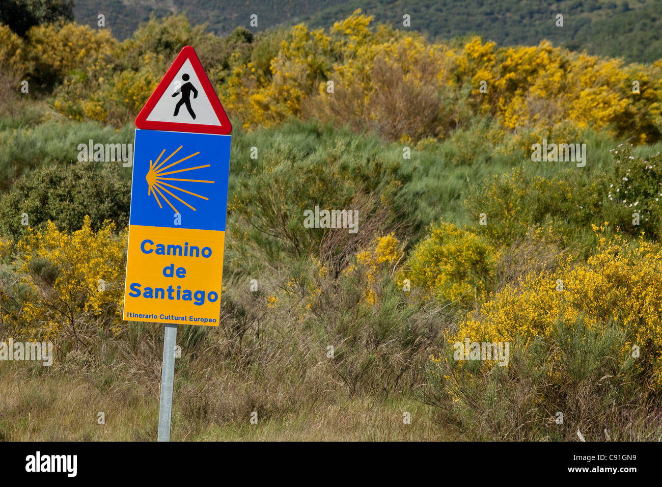 Signpost in remote landscape, Province of Leon, Old Castile, Castile ...