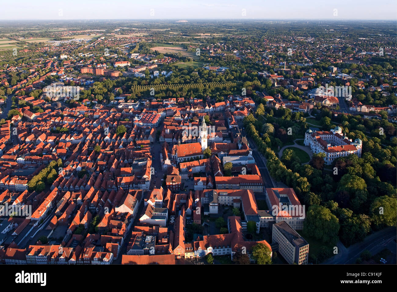 Aerial view of Celle castle and gardens red roofs of the old town ...