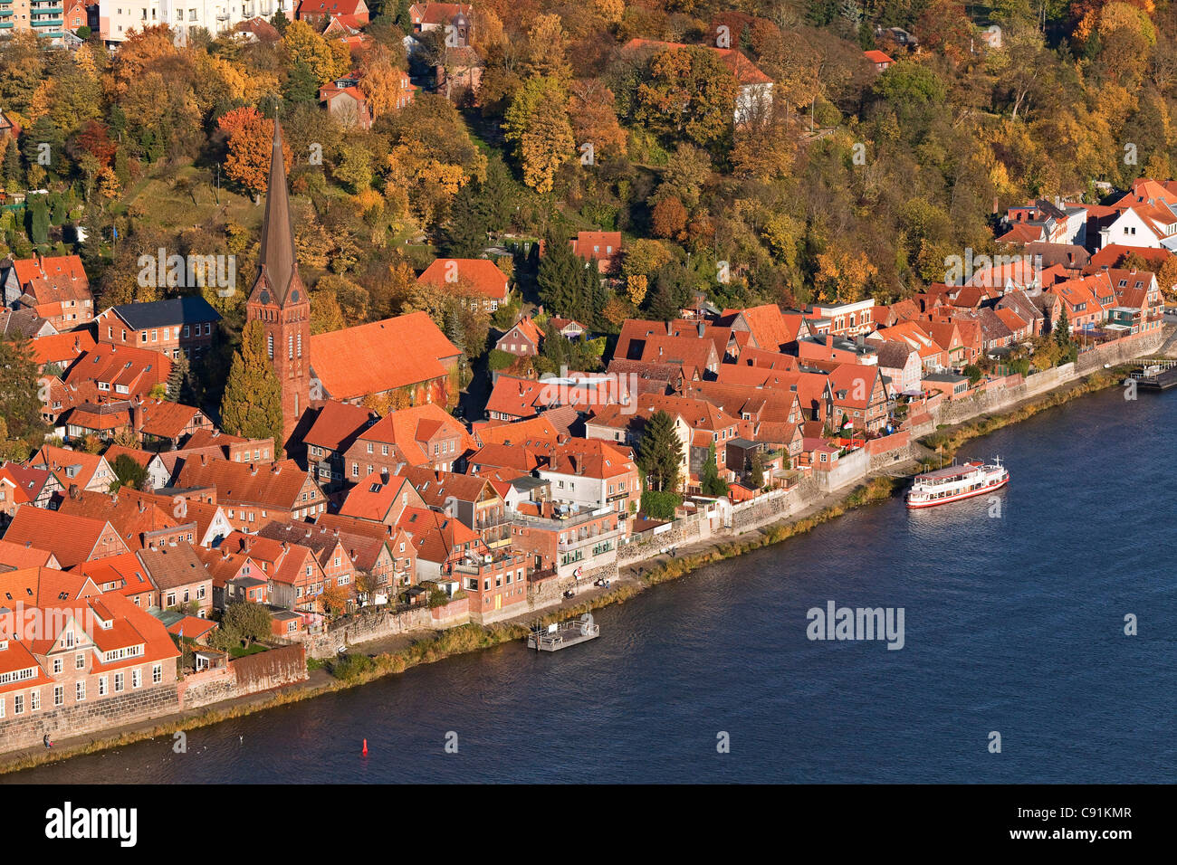 aerial view of Lauenburg on the banks of the River Elbe, Schleswig ...