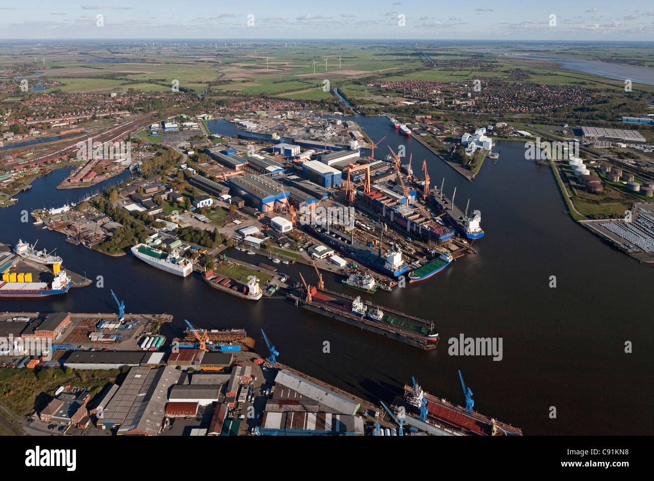 Aerial view of Emden harbour with docks and wharfs, Emden, Lower Saxony ...