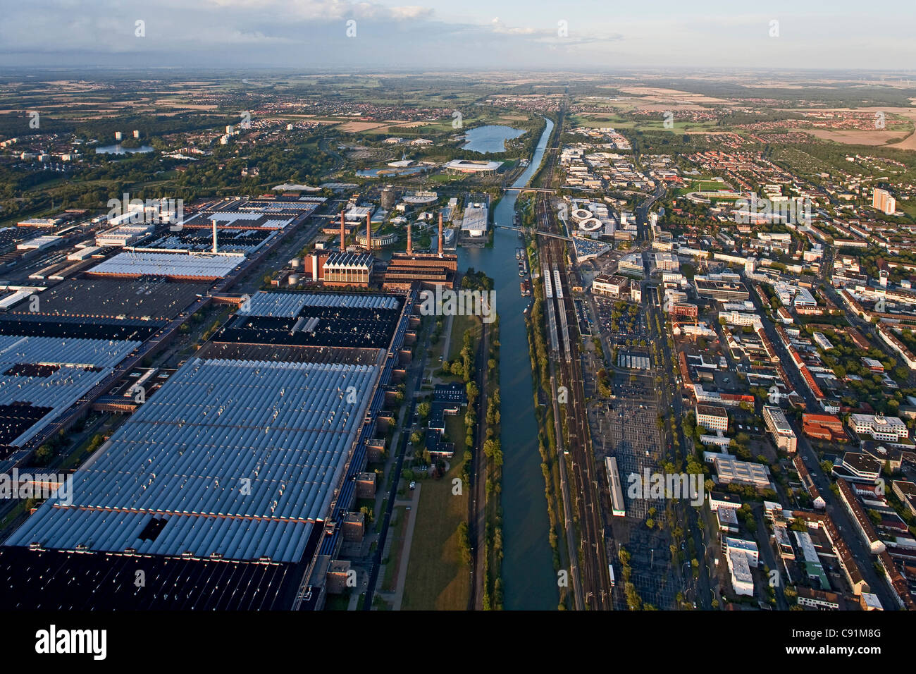 Aerial view of the power plant and factory at VW Autostadt Wolfsburg ...