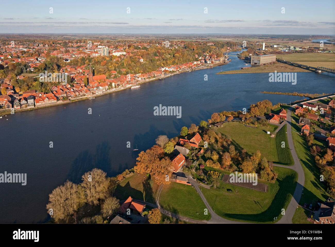 Aerial view of Lauenburg on the upper Elbe River, Schleswig-Holstein ...