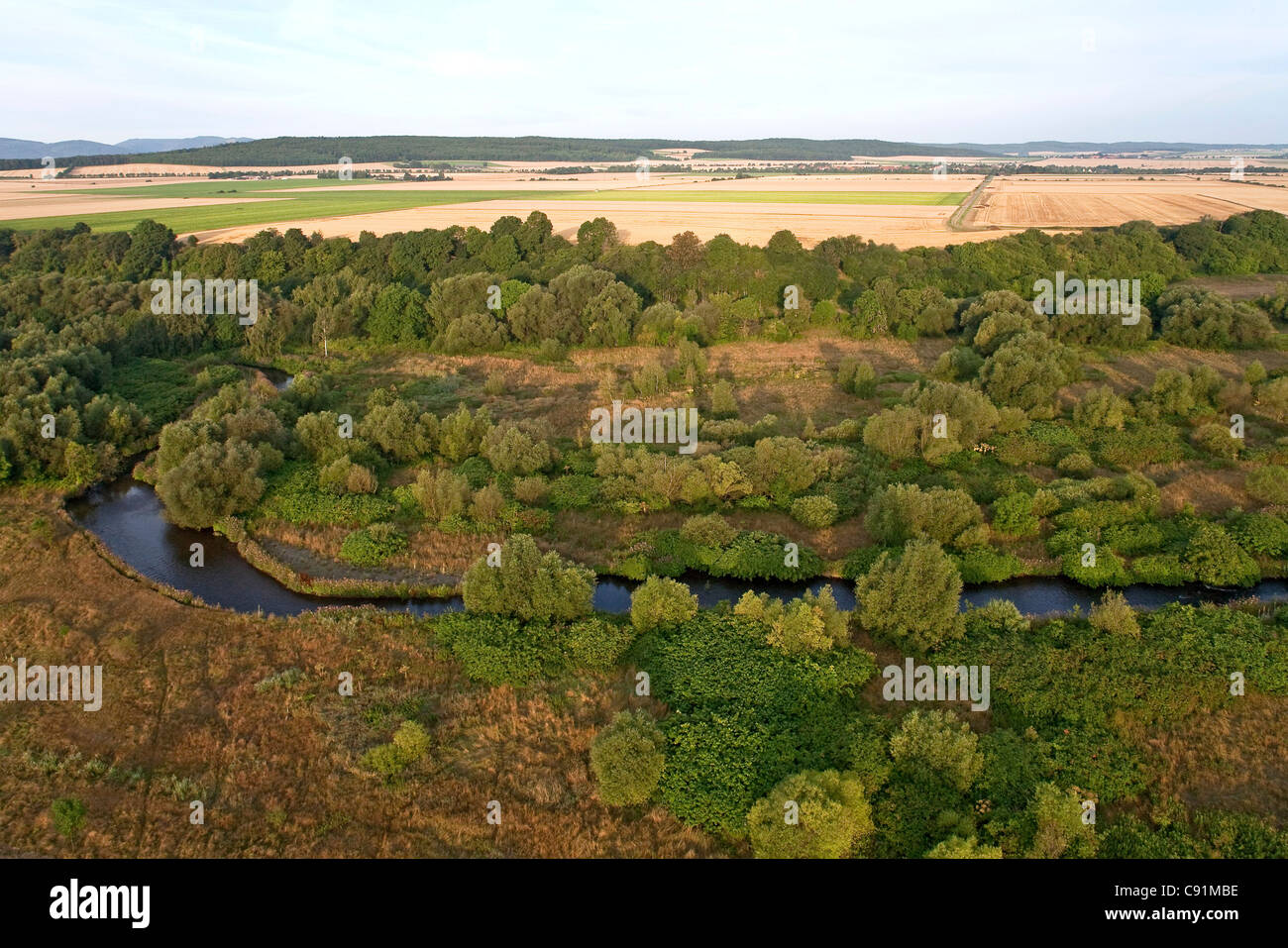 Aerial view of meadows of the Innerste river, nature reserve, Lower ...