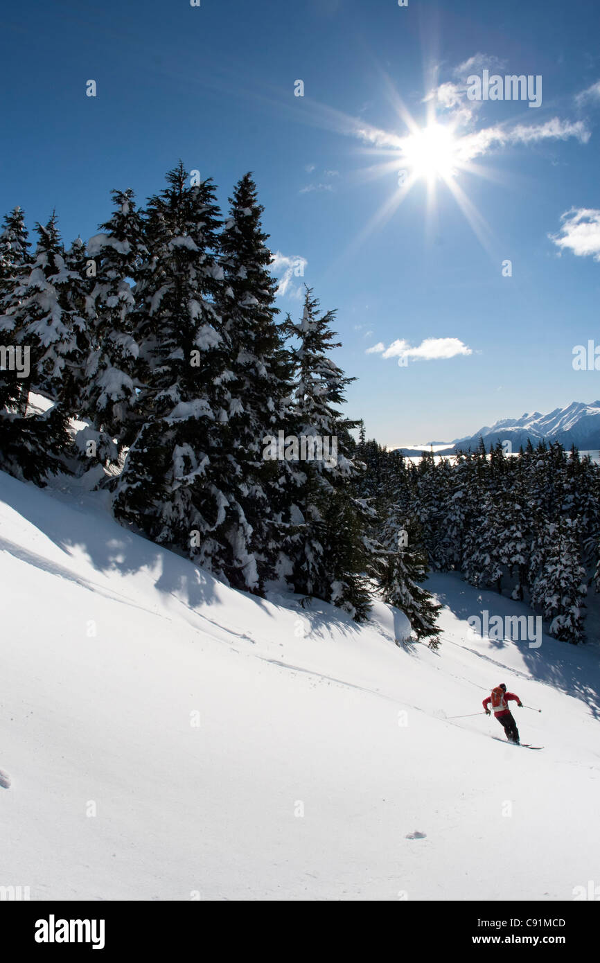 Man skiing down Mount Alice near Seward, Kenai Mountains,Kenai ...